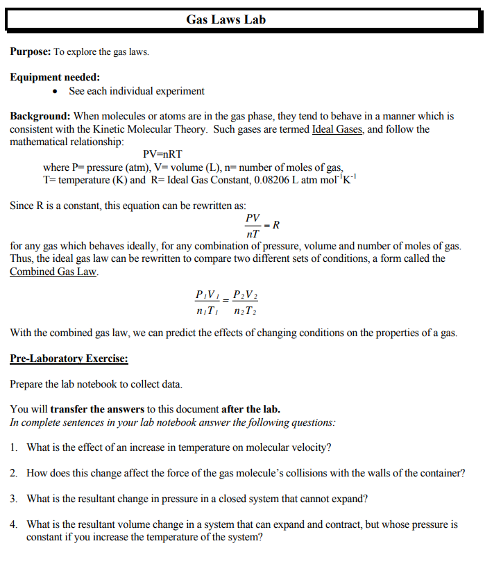 Solved Gas Laws Lab PV Purpose: To explore the gas laws. | Chegg.com