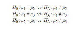 H0:μ1=μ2 vs HA:μ1 =μ2 H0:μ1=μ3 vs HA:μ1 =μ3 H0:μ2=μ3 | Chegg.com