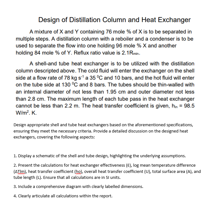 Design of Distillation Column and Heat ExchangerA | Chegg.com