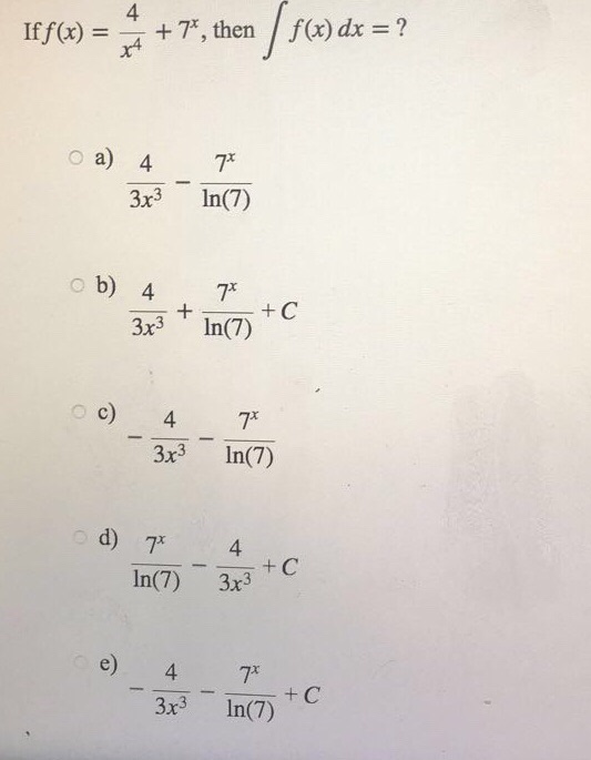 Solved Iff(x) = e", then If(x) dx ? a) er b) e + C c) -e-x + | Chegg.com