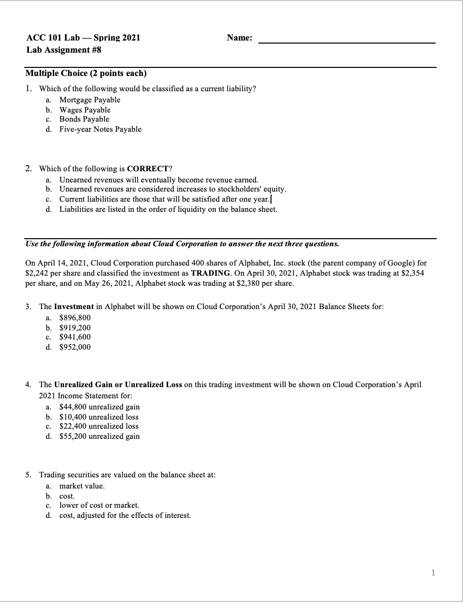 Solved Name: ACC 101 Lab - Spring 2021 Lab Assignment #8 | Chegg.com