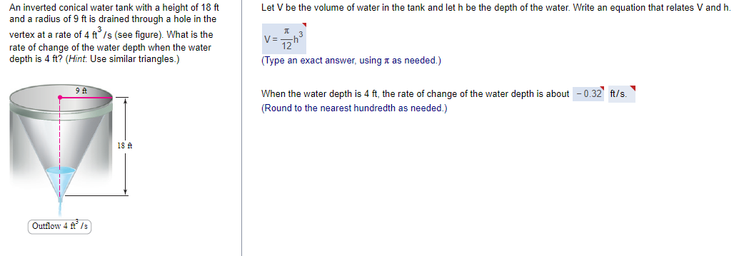 Solved An inverted conical water tank with a height of 18ft | Chegg.com