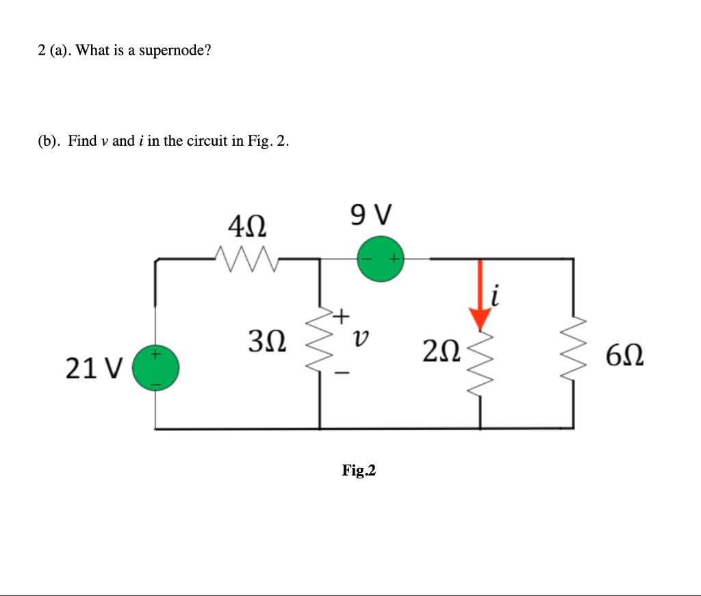 Solved 2 (a). What is a supernode? (b). Find v and i in the | Chegg.com