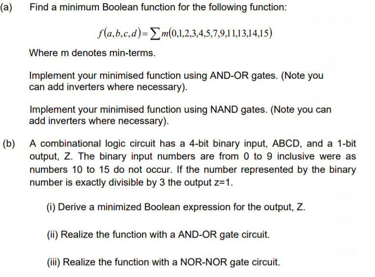 Solved (a) Find a minimum Boolean function for the following | Chegg.com