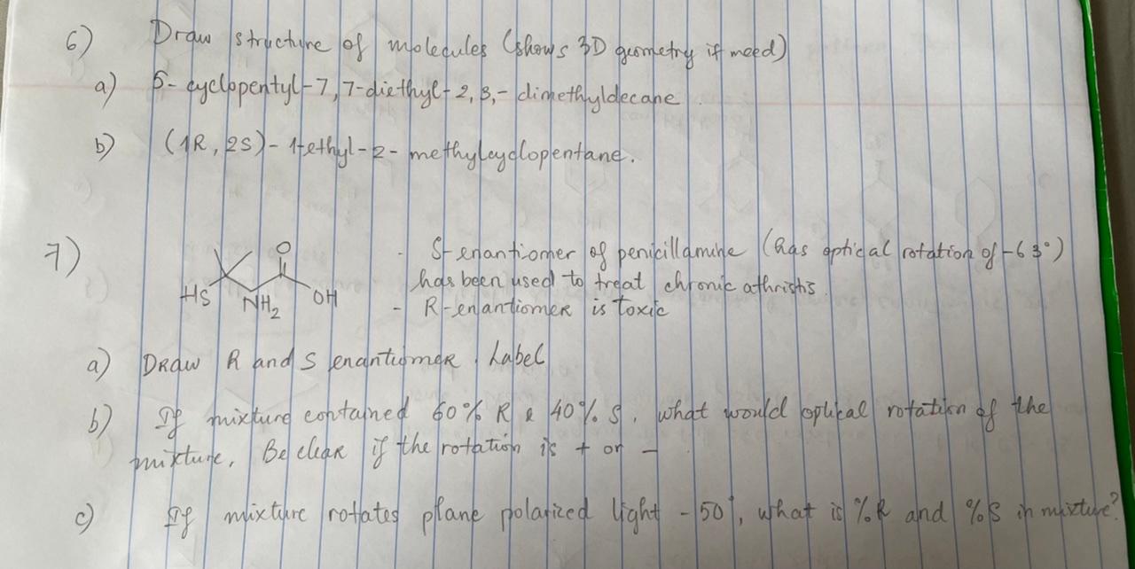Solved 6 a) Draw / structure of molecules (shows 3D geometry | Chegg.com