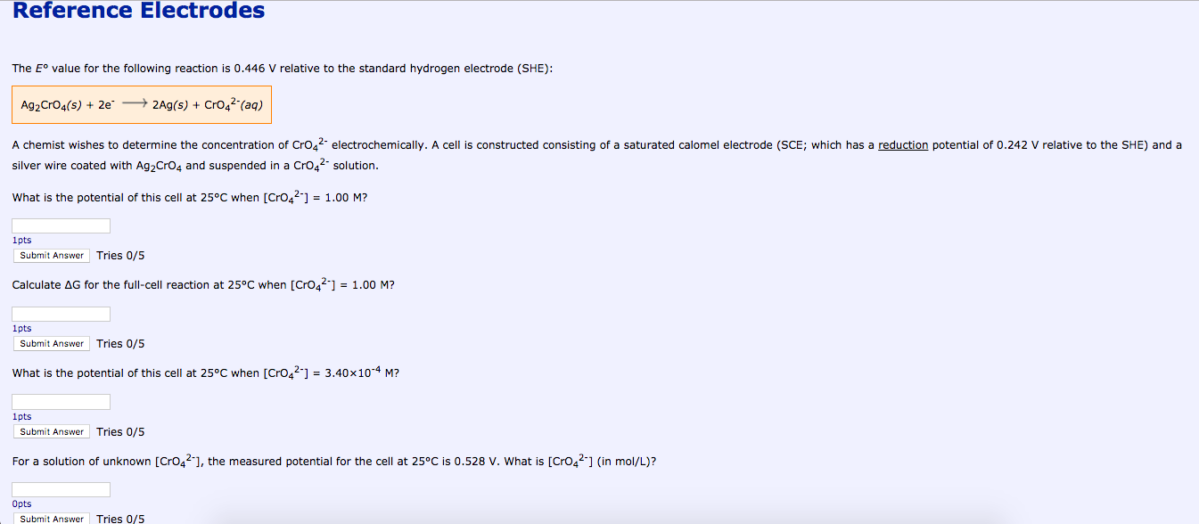Solved Reference Electrodes The Eº value for the following | Chegg.com