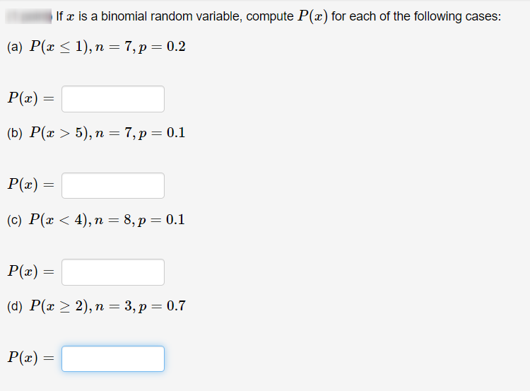 Solved | If x is a binomial random variable, compute P(x) | Chegg.com
