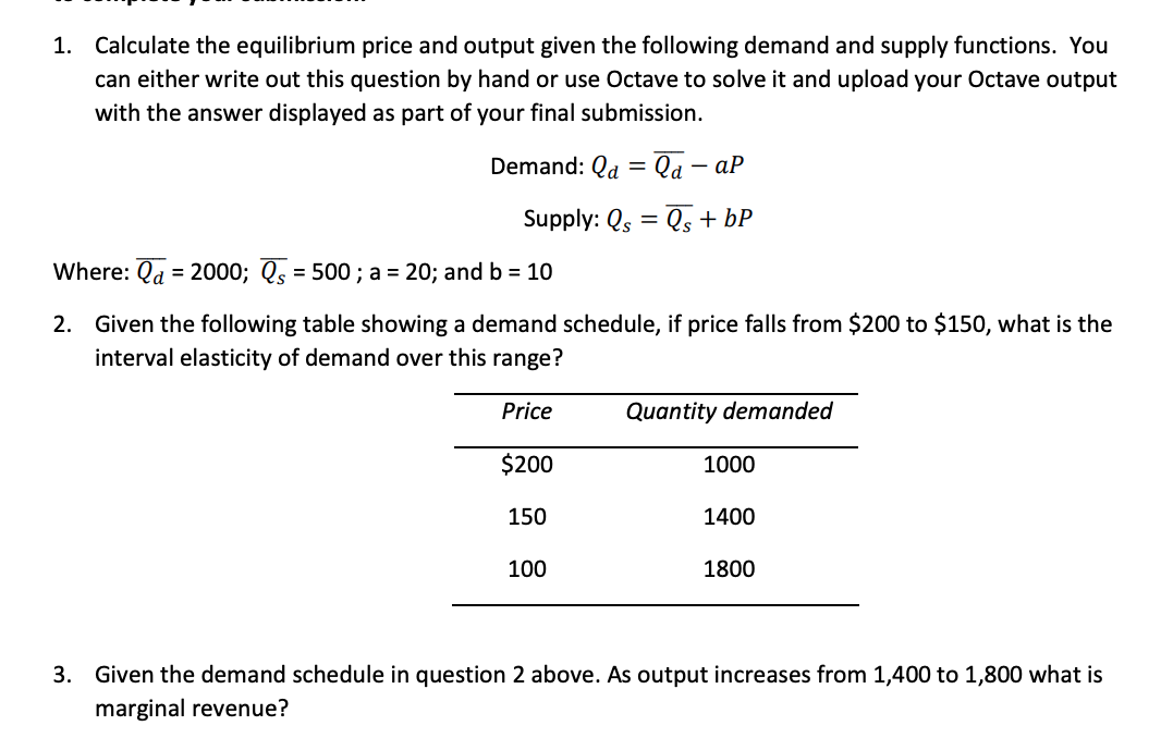 Solved 1. Calculate the equilibrium price and output given | Chegg.com