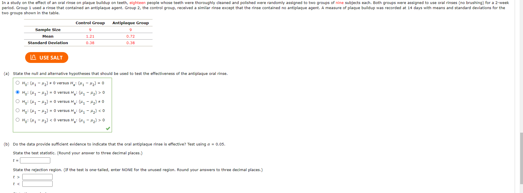 Solved In a study on the effect of an oral rinse on plaque | Chegg.com