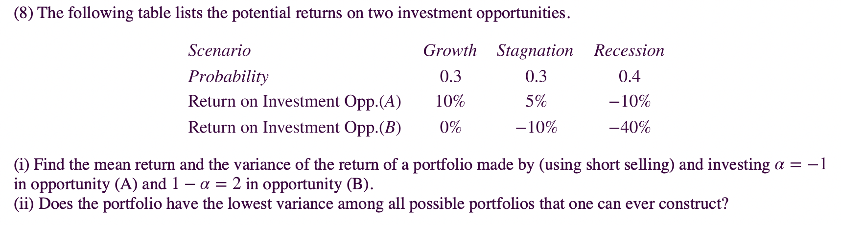 Solved (8) The following table lists the potential returns | Chegg.com