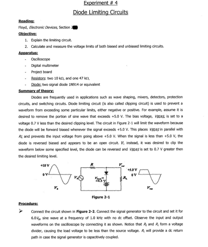 Solved Experiment # 4 Diode Limiting Circuits Reading: | Chegg.com