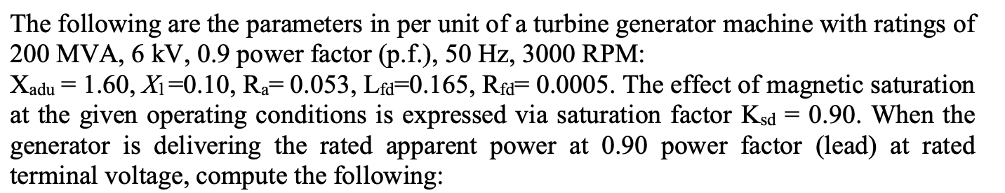 Solved a) Synchronous reactance in p.u and OHMS b) internal | Chegg.com