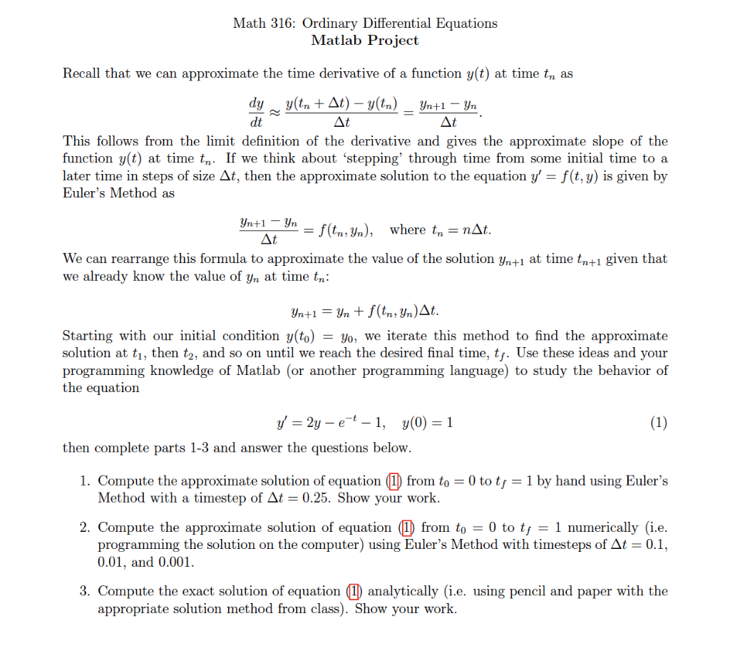 Math 316: Ordinary Differential Equations Matlab | Chegg.com