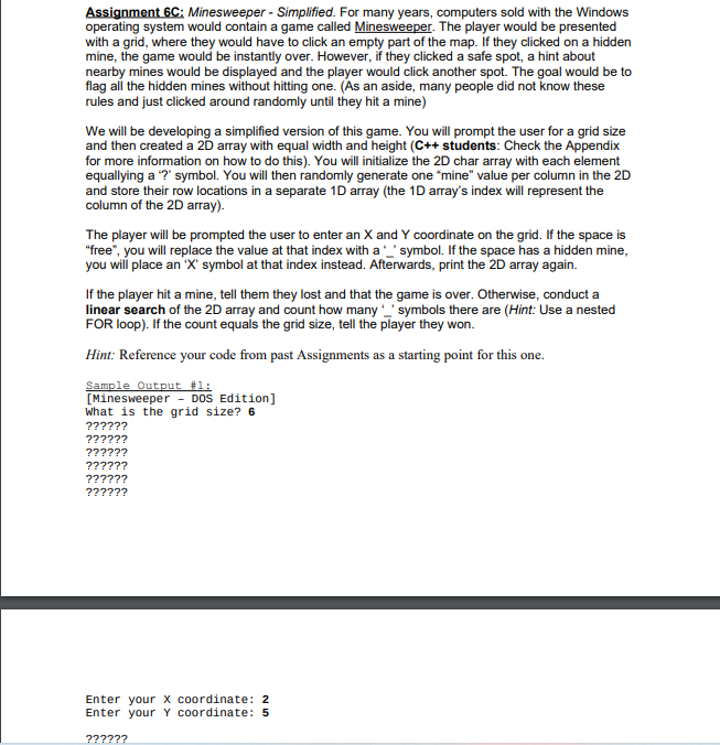 Solved Assignment 6C: Minesweeper - Simplified. For many | Chegg.com