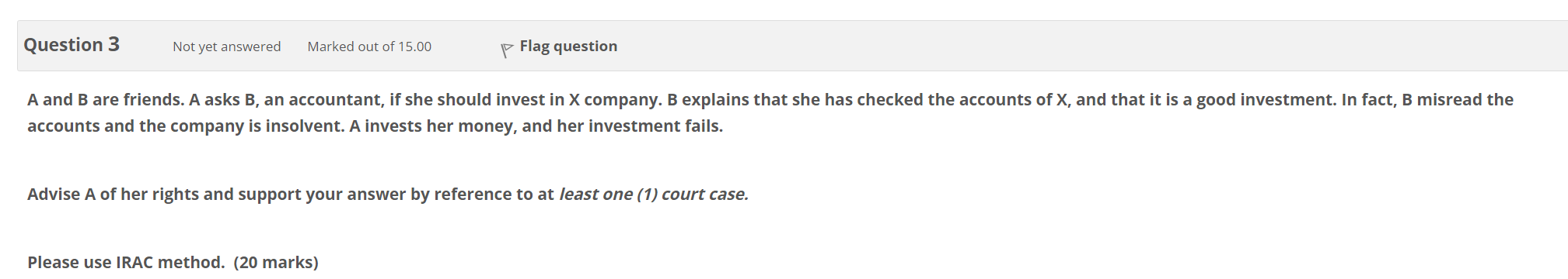 Solved LAW QUESTION ( MUST USE IRAC METHOD) APLEASE ANSWER | Chegg.com