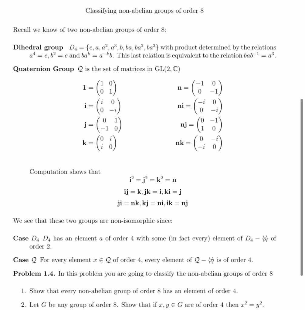 Solved Classifying non-abelian groups of order 8 Recall we | Chegg.com