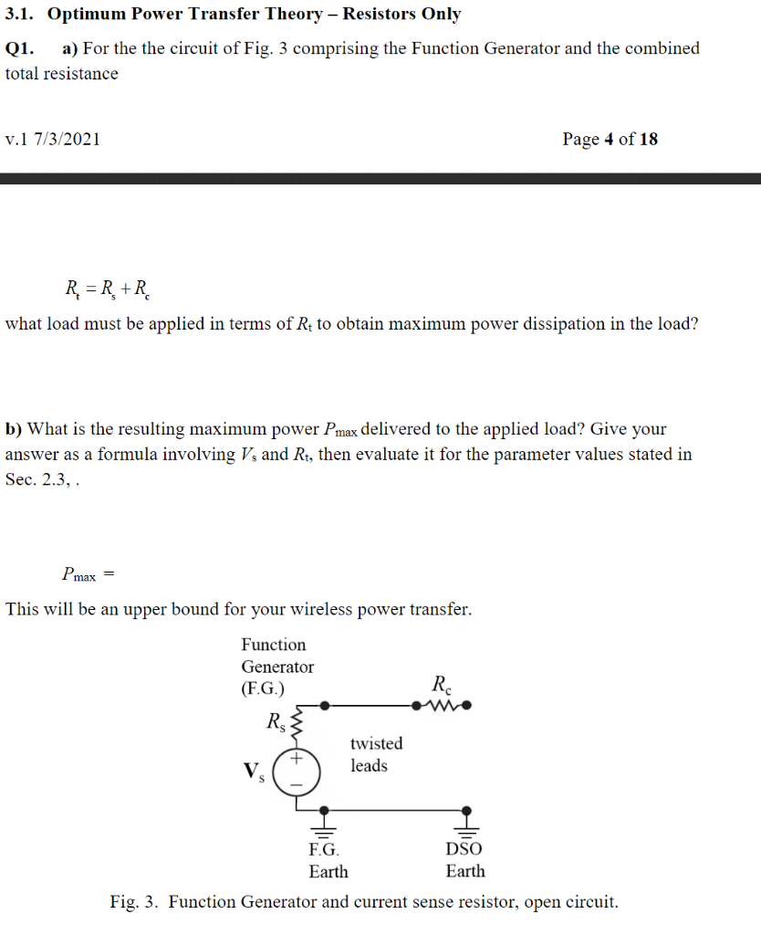 Solved 3.1. Optimum Power Transfer Theory - Resistors Only | Chegg.com