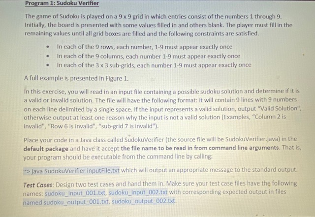 Solved Program 1: Sudoku Verifier The game of Sudoku is | Chegg.com