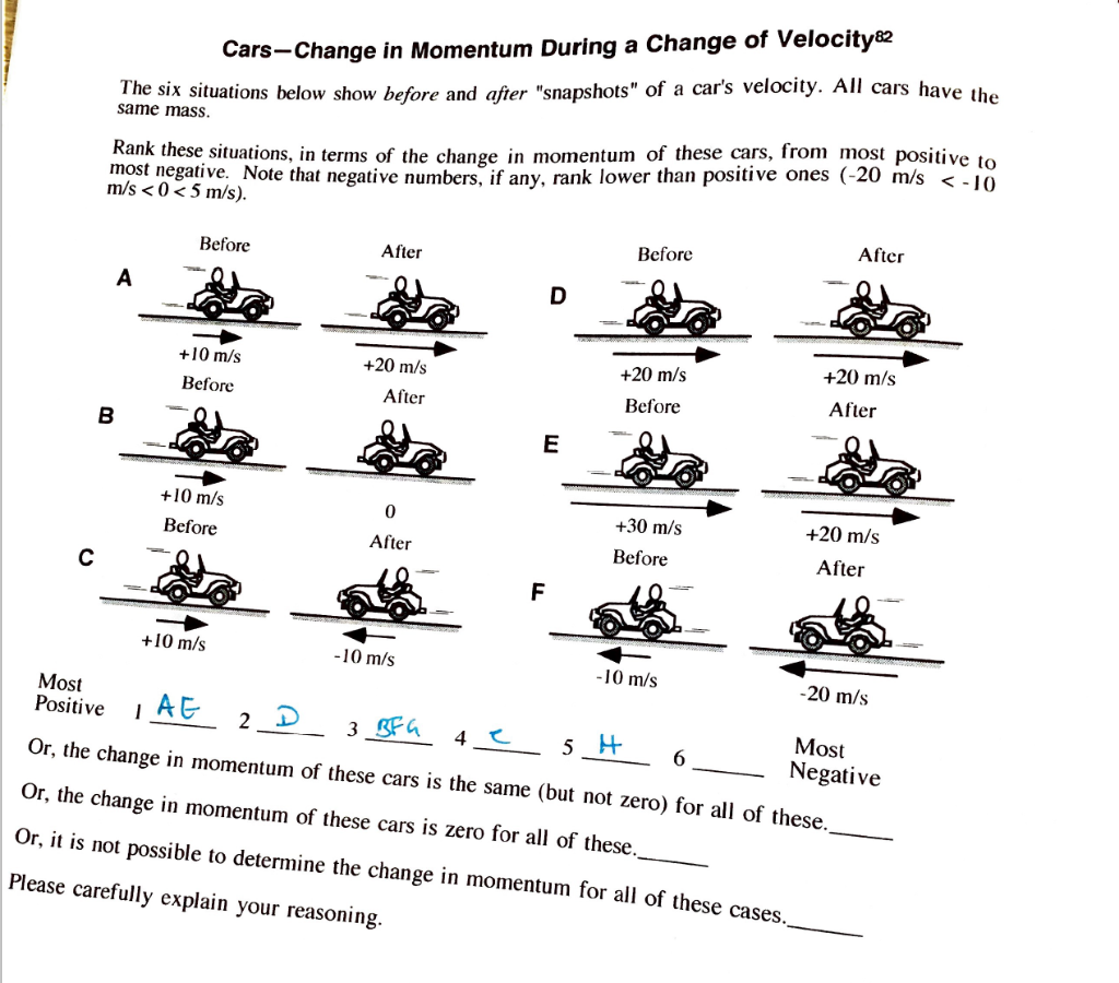 Solved Cars-Change in Momentum During a Change of Velocity | Chegg.com