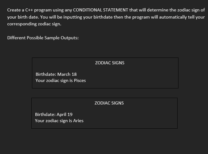 Solved Create a C++ program using any CONDITIONAL STATEMENT | Chegg.com