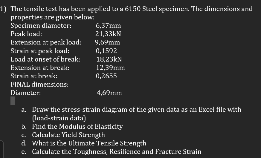 Solved i ned excl file with calculation .....The tensile | Chegg.com