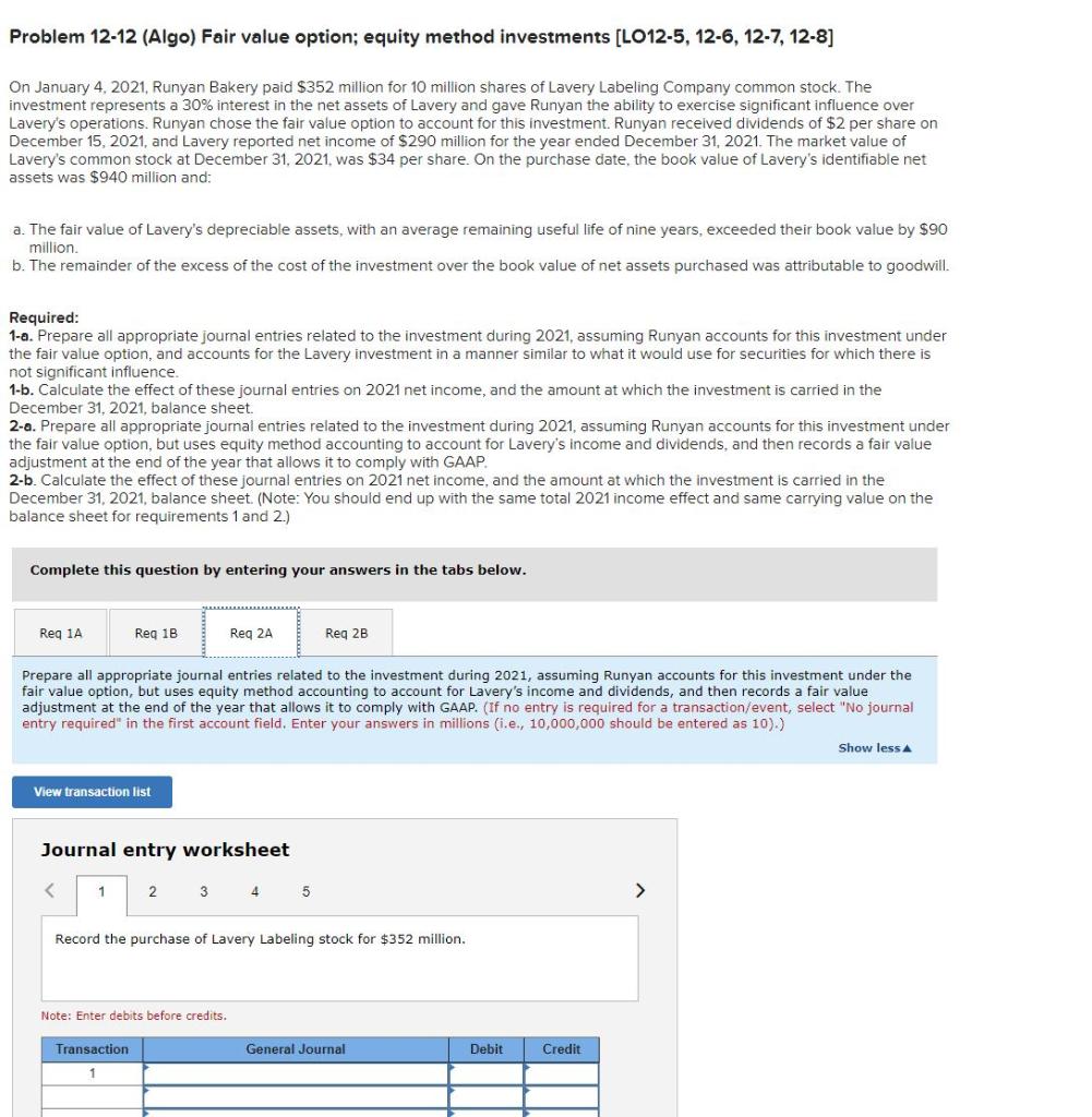 Solved Problem 12-12 (Algo) Fair value option; equity method | Chegg.com