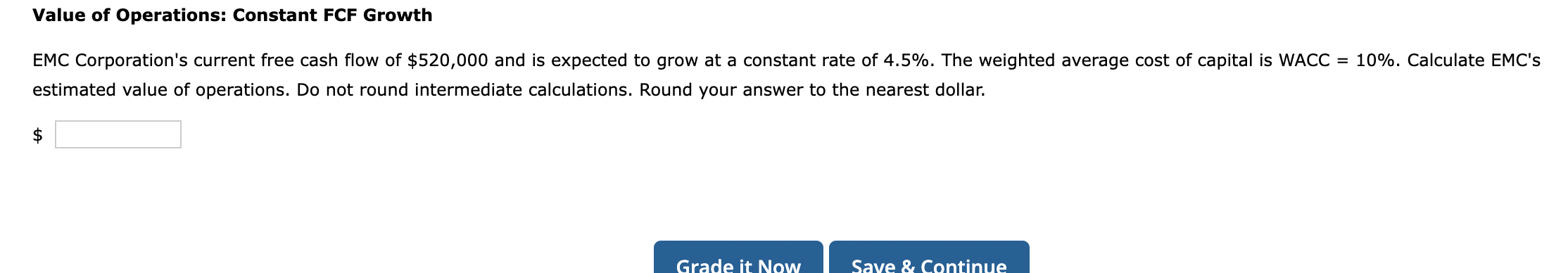 Solved Value of Operations: Constant FCF Growth EMC | Chegg.com