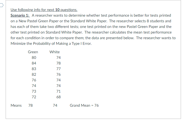 Solved Use following info for next 10 questions. Scenario 1: | Chegg.com