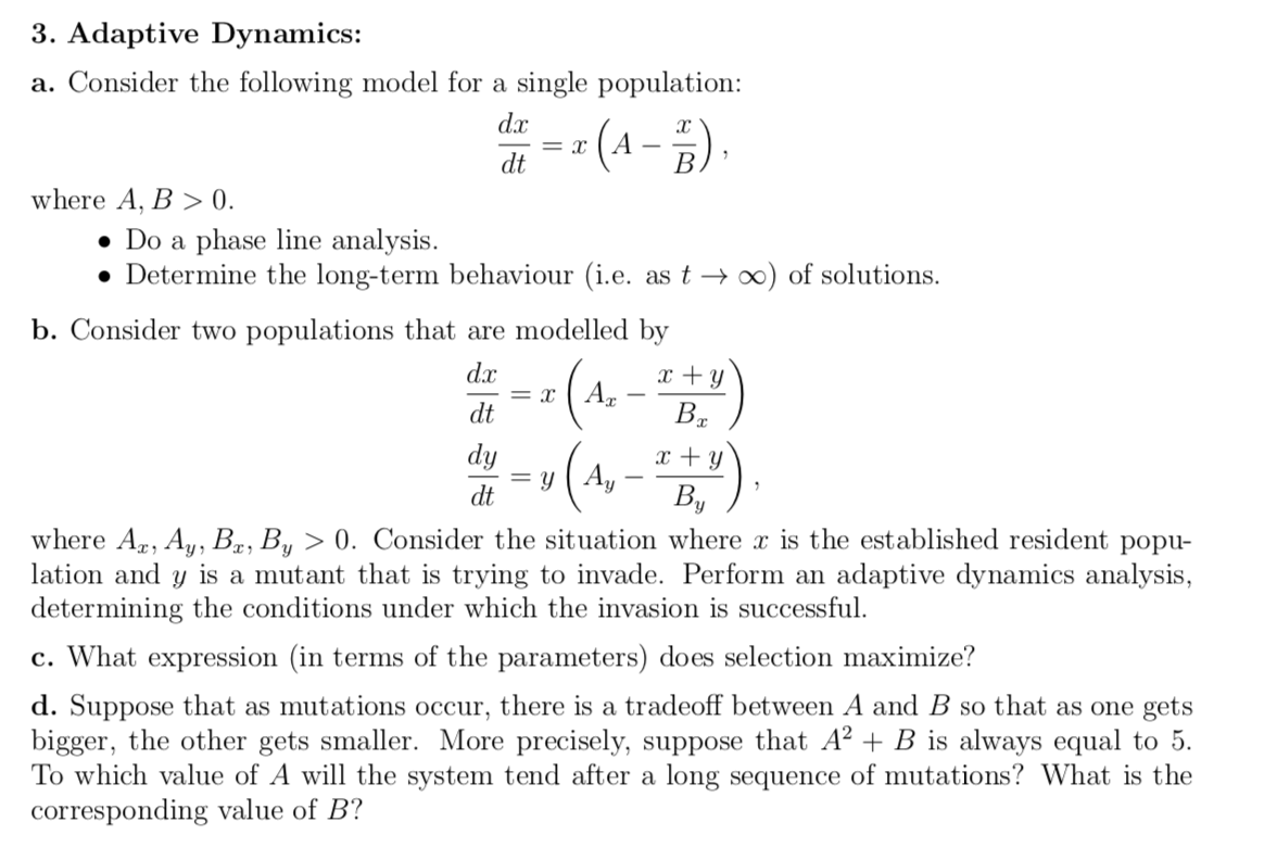 3. Adaptive Dynamics: a. Consider the following model | Chegg.com