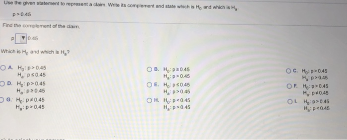 Solved Use the given statement to represent a claim. Write | Chegg.com