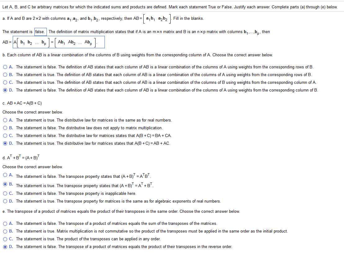 Solved Let A, B, and C be arbitrary matrices for which the | Chegg.com