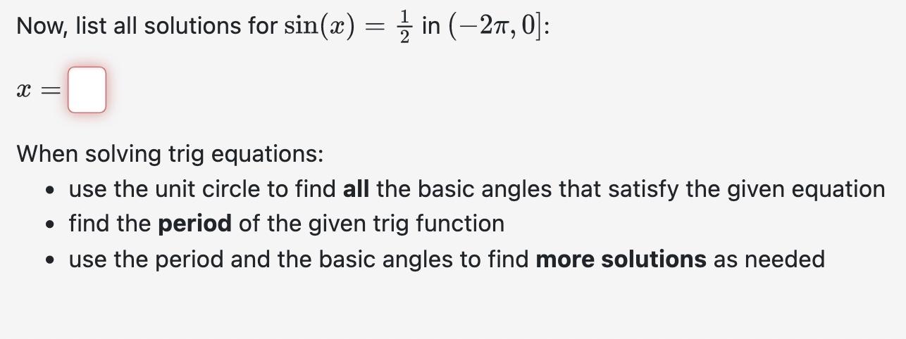 Solved Now, list all solutions for sin(x)=21 in (−2π,0] : x= | Chegg.com