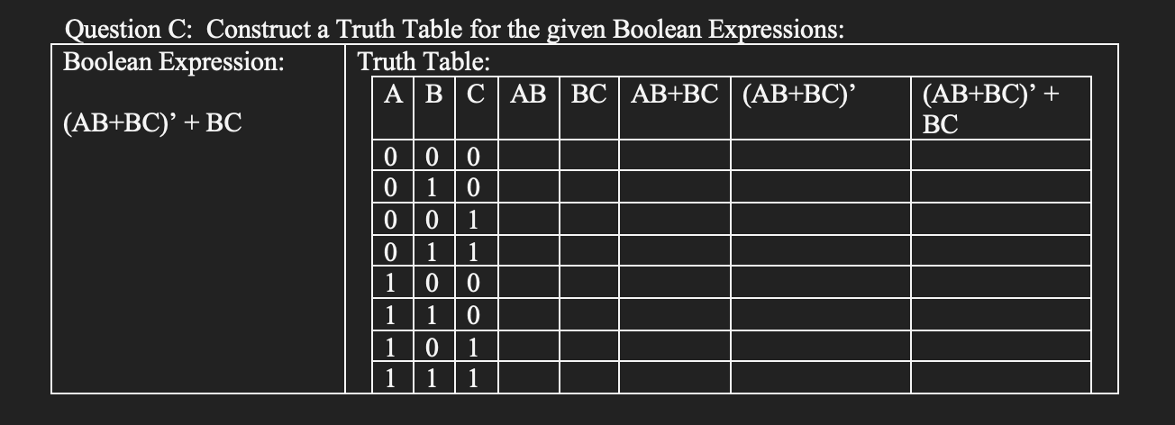 Solved Question C: Construct a Truth Table for the given | Chegg.com