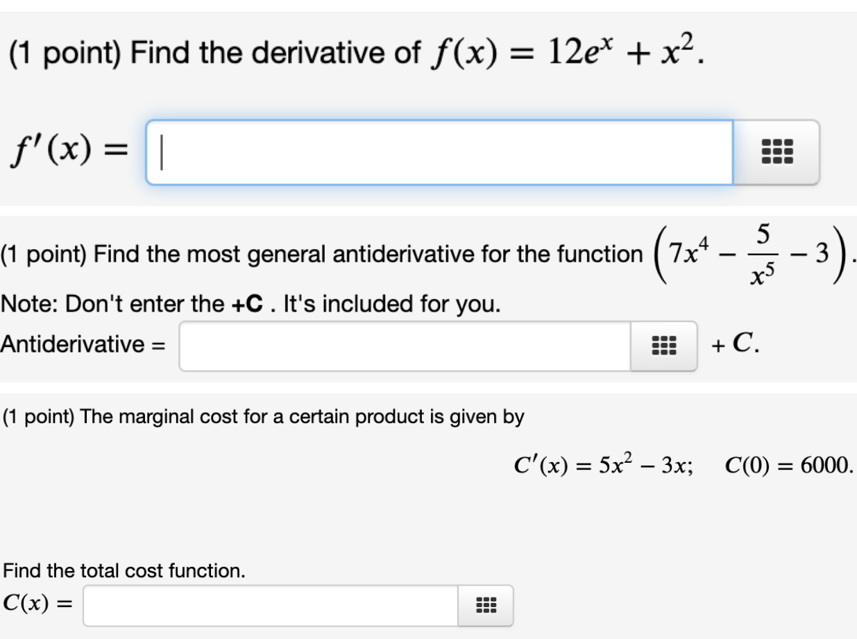 Solved (1 point) Find the derivative of f(x) = 12ex + x2 | Chegg.com
