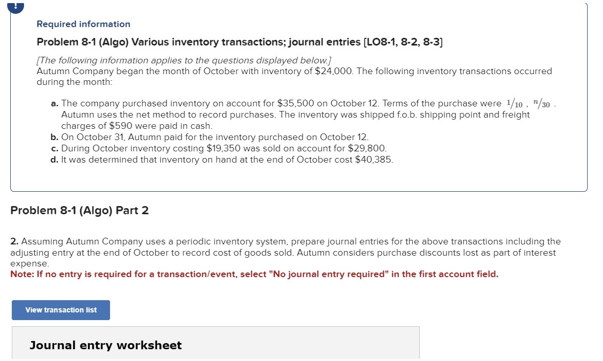 Solved Required information Problem 8-1 (Algo) Various | Chegg.com