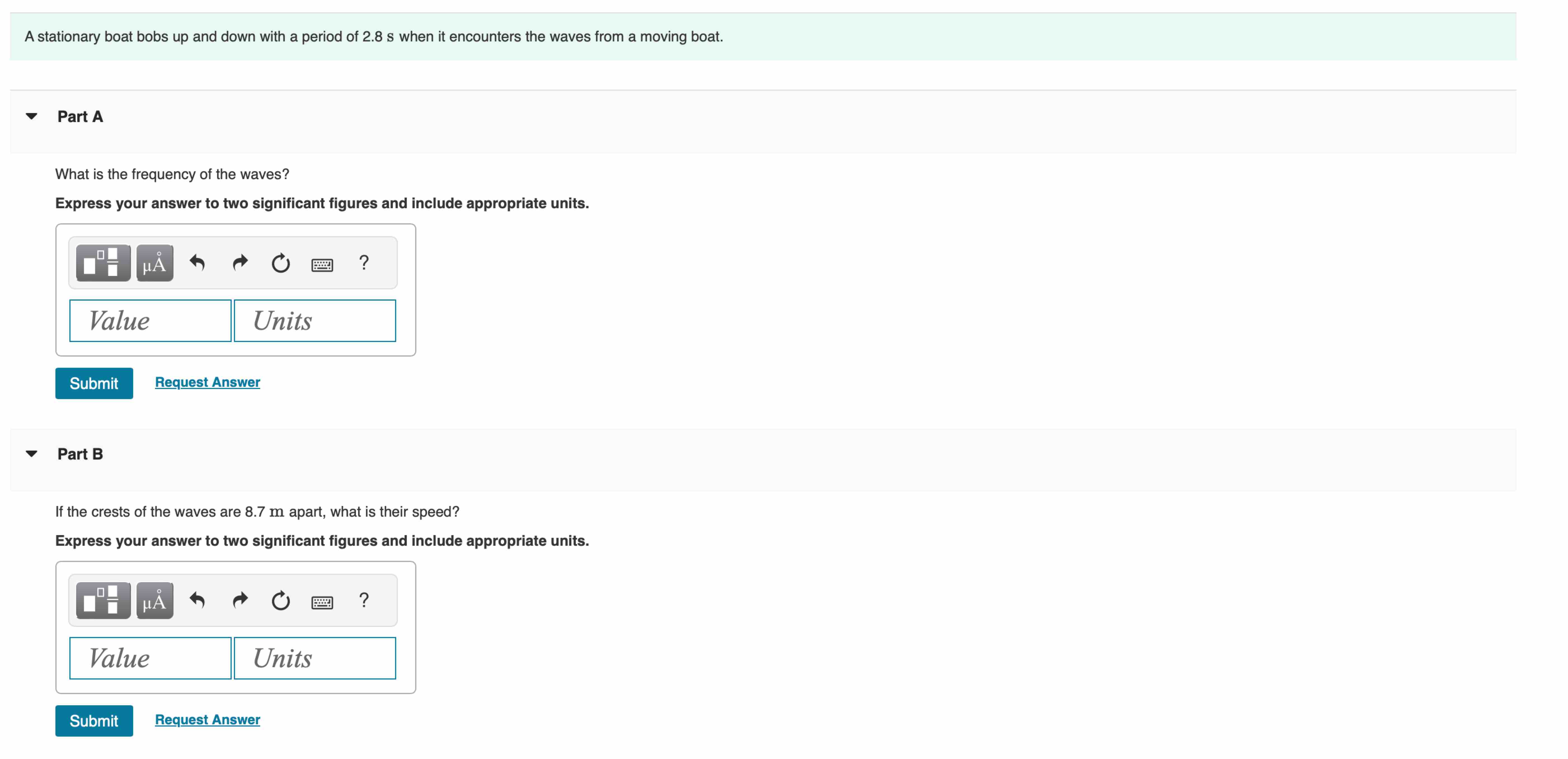 Solved A stationary boat bobs up and down with a period of | Chegg.com
