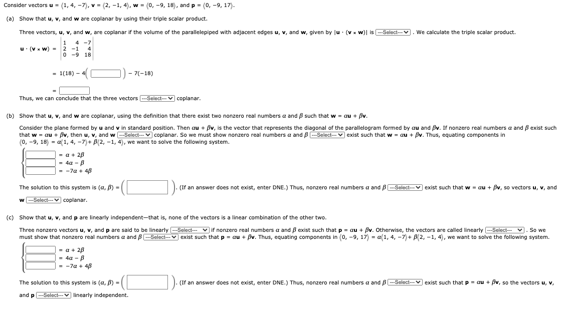 Solved Consider vectors u = (1, 4, -7), v = (2, -1, 4), w = | Chegg.com