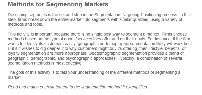 Solved Methods for Segmenting Markets Describing segments is | Chegg.com