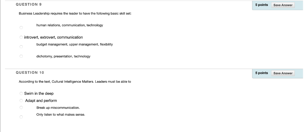 Solved QUESTION 9 5 points Save Answer Business Leadership | Chegg.com