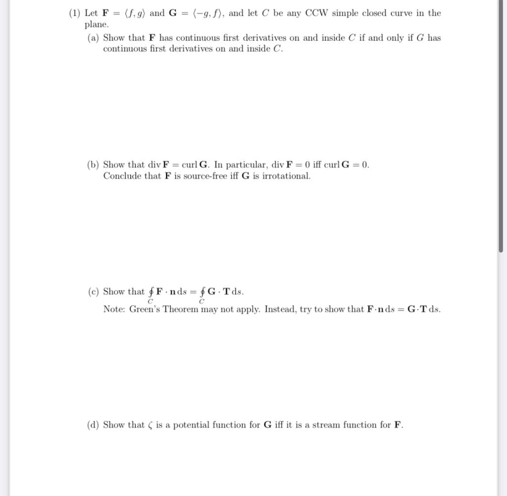 Solved 1) Let F= f,g and G= −g,f , and let C be any CCW | Chegg.com