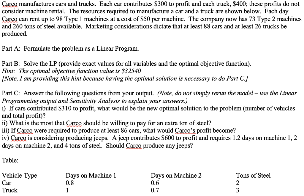 Solved Carco manufactures cars and trucks. Each car | Chegg.com