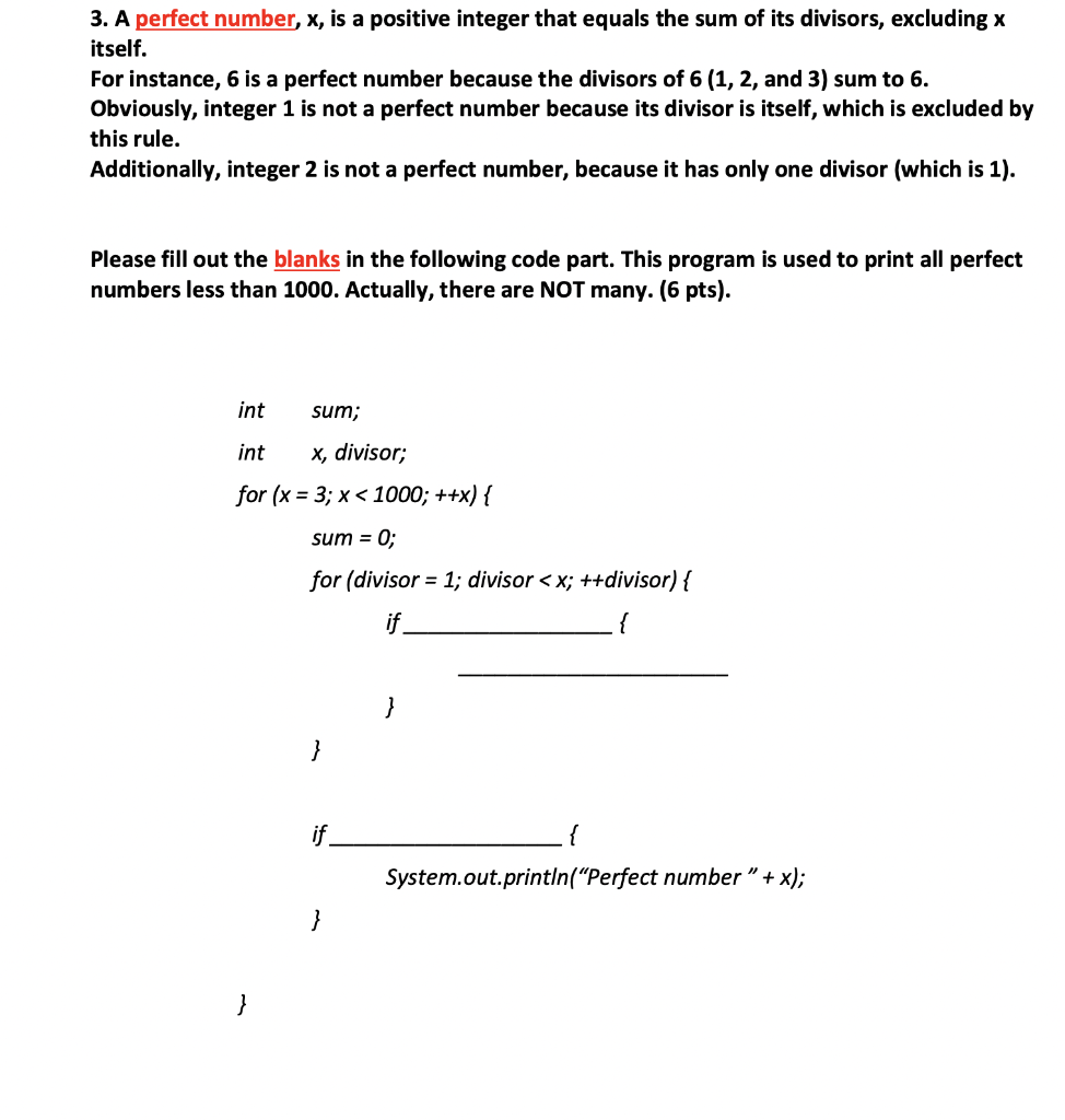 Solved 3. A perfect number, x, is a positive integer that | Chegg.com