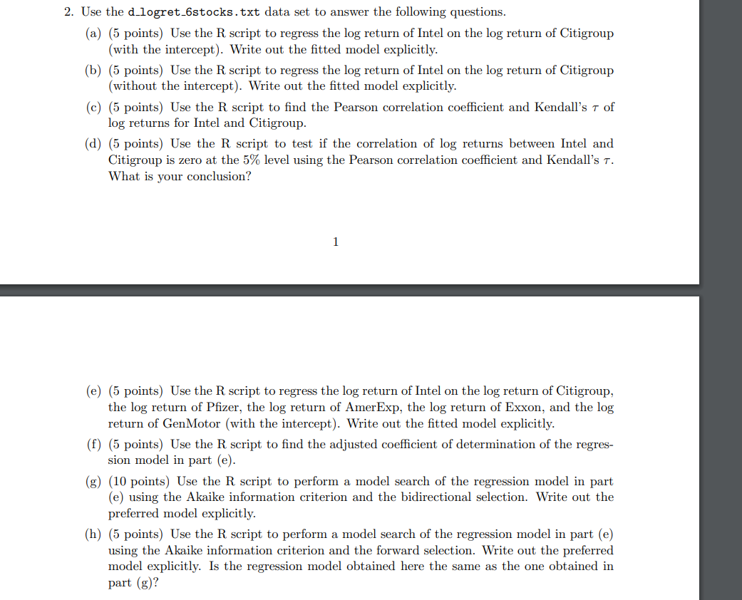 2. Use the d_logret_6stocks.txt data set to answer | Chegg.com