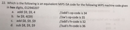 Solved 22. Which is the following is an equivalent MIPS ISA | Chegg.com