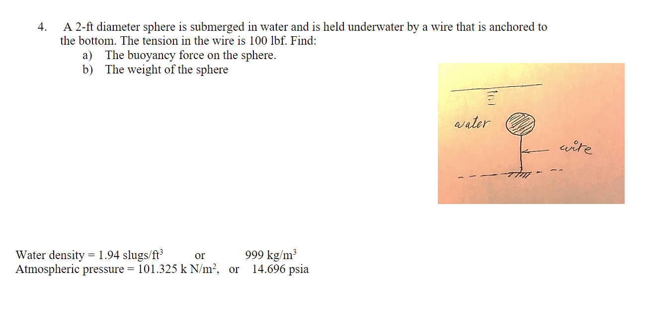 Solved 4. A 2-ft diameter sphere is submerged in water and | Chegg.com