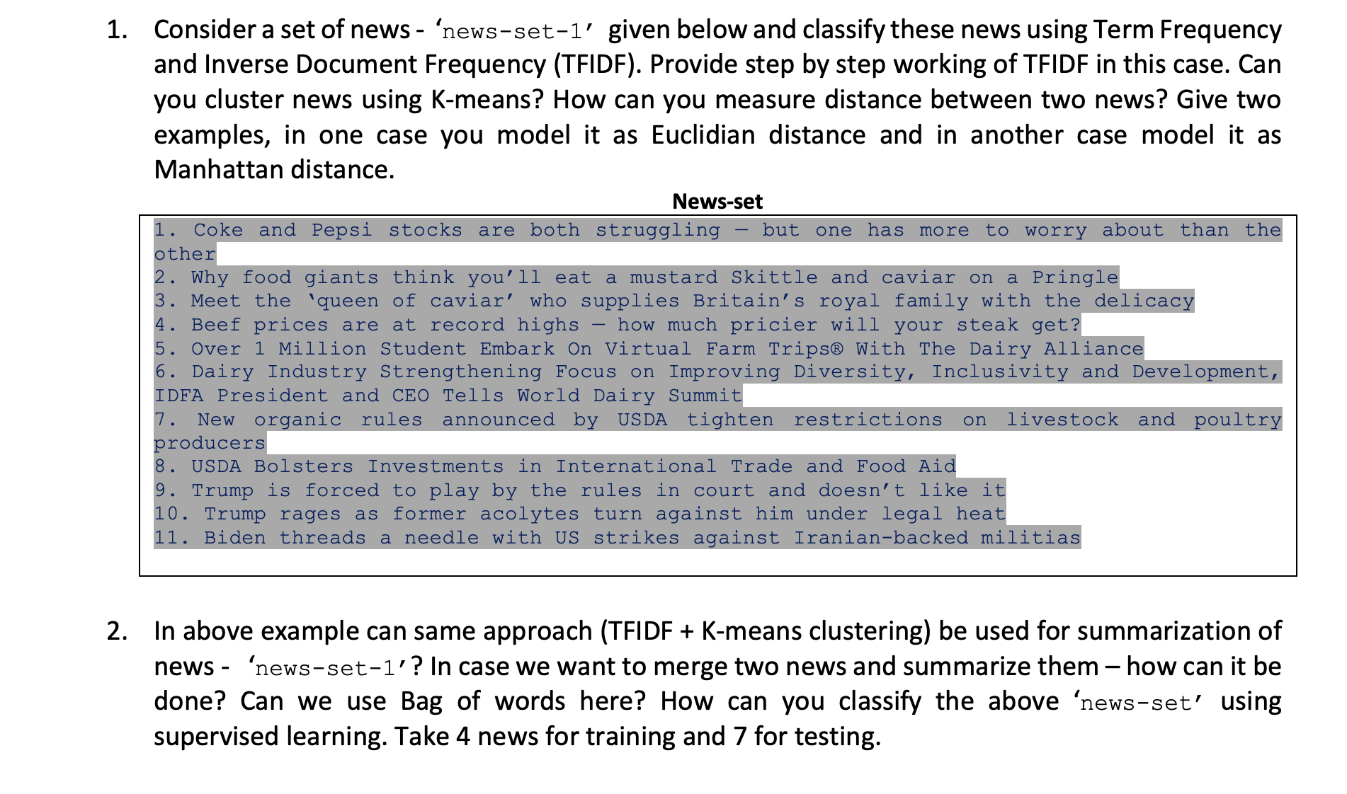 Solved 1. ﻿Consider a set of news - ﻿'news-set-1' ﻿given | Chegg.com