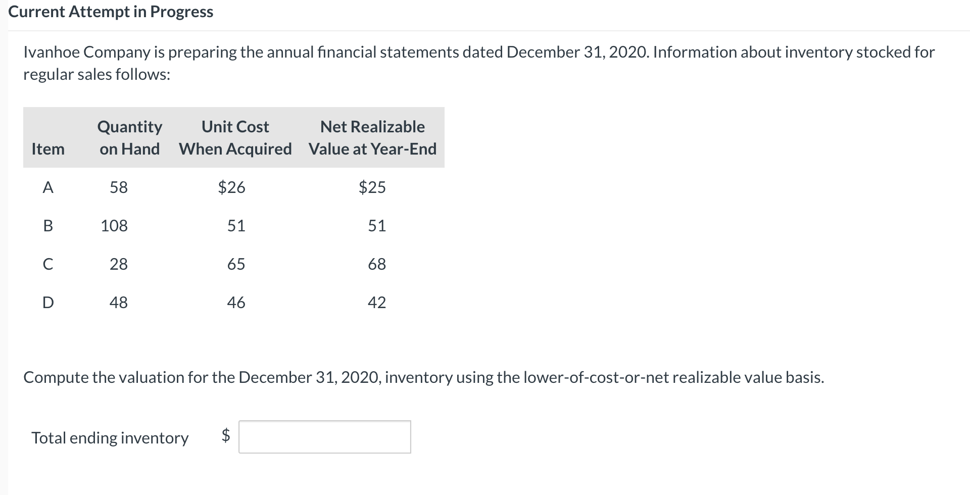 Solved Current Attempt in Progress Ivanhoe Company is | Chegg.com