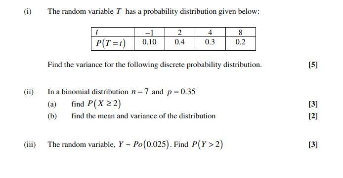 Solved (i) The random variable T has a probability | Chegg.com