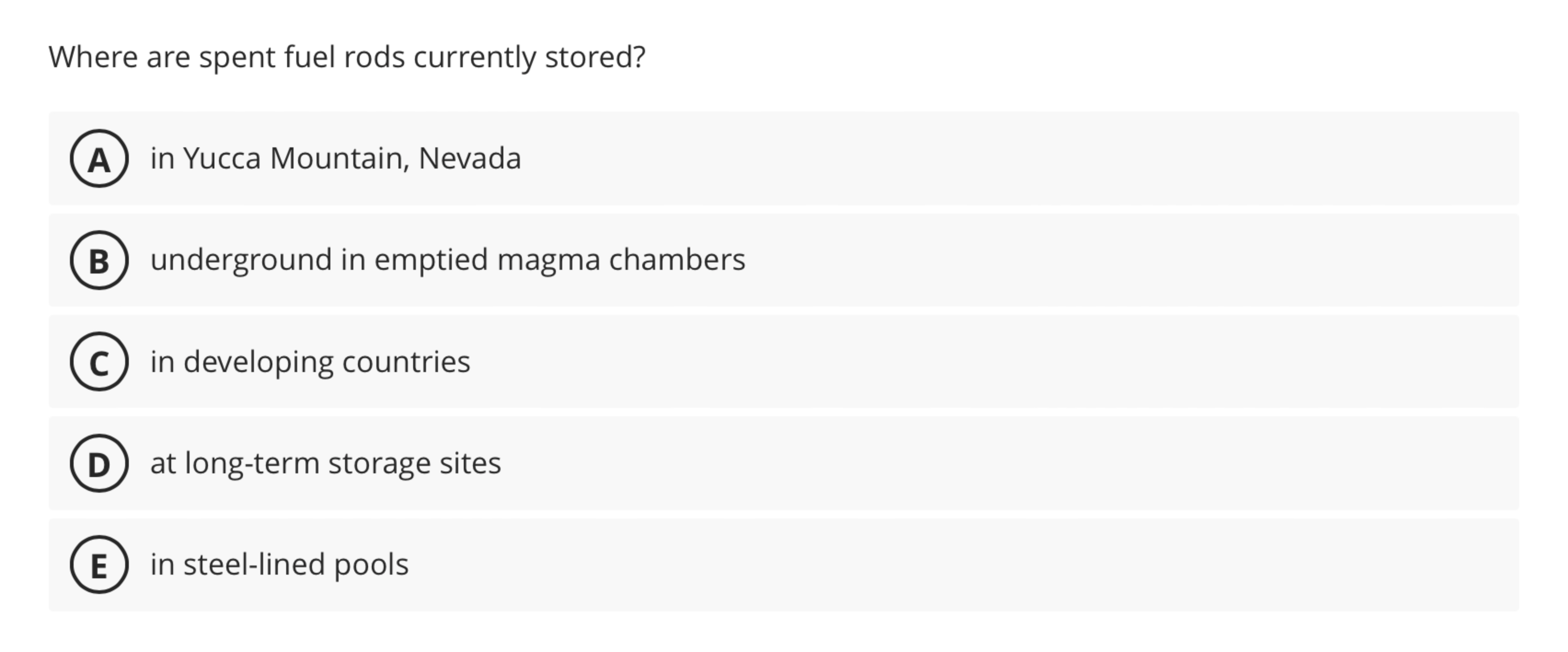 Solved Where are spent fuel rods currently stored?in Yucca | Chegg.com