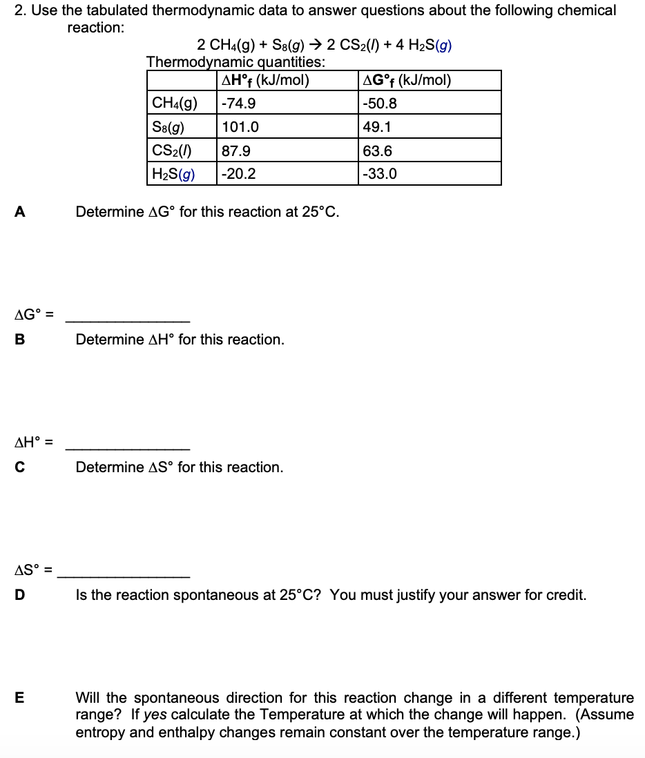 Solved 2. Use the tabulated thermodynamic data to answer | Chegg.com